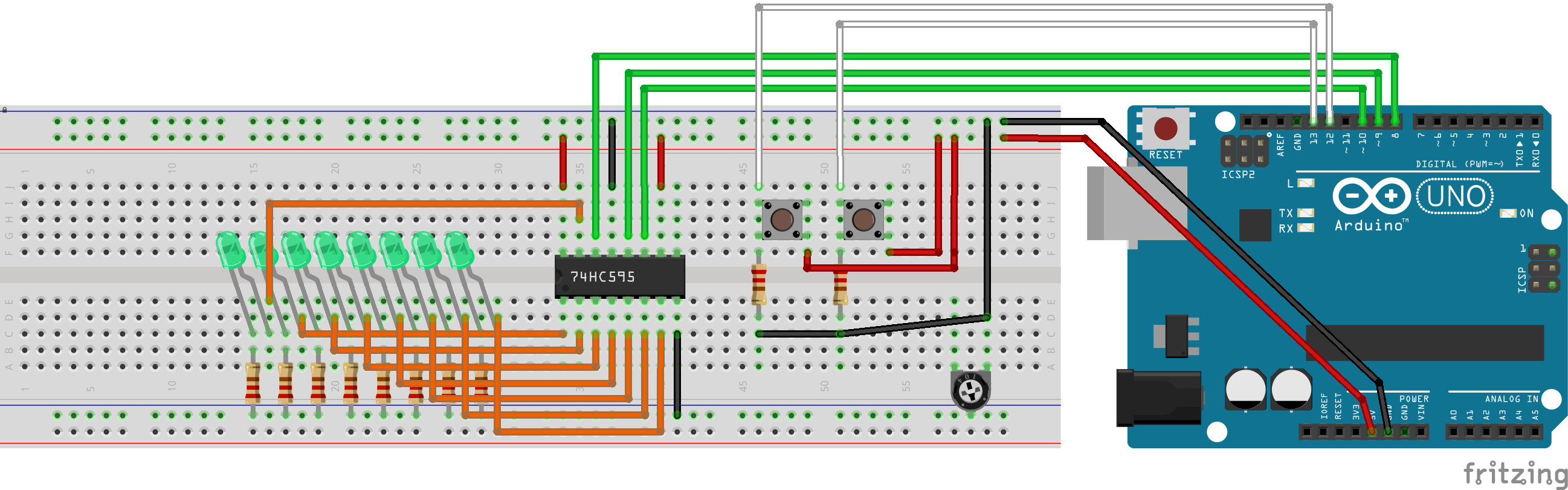 Tutorial Push Button - 1 74HC595, 8 led e 2 Pulsanti - Arduino con Zerbinati